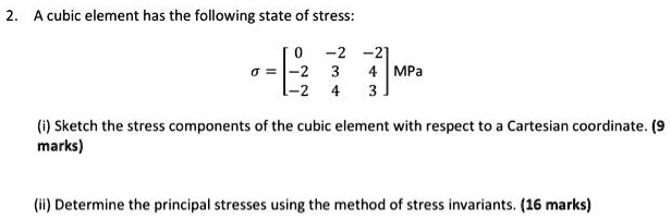 SOLVED: A cubic element has the following state of stress: Ïƒxx = 2 MPa ...