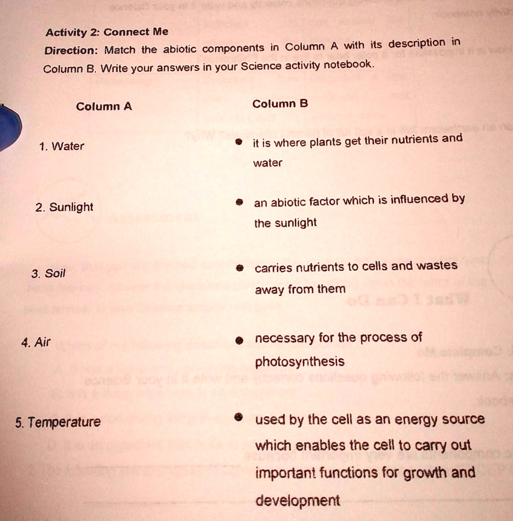 Activity 2: Connect Me Direction: Match the abiotic components in ...