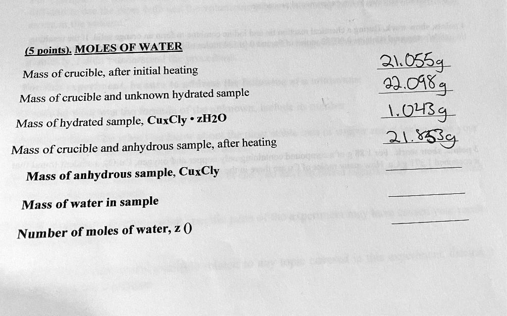 5points moles qf water mass of crucible after initial heating mass of ...
