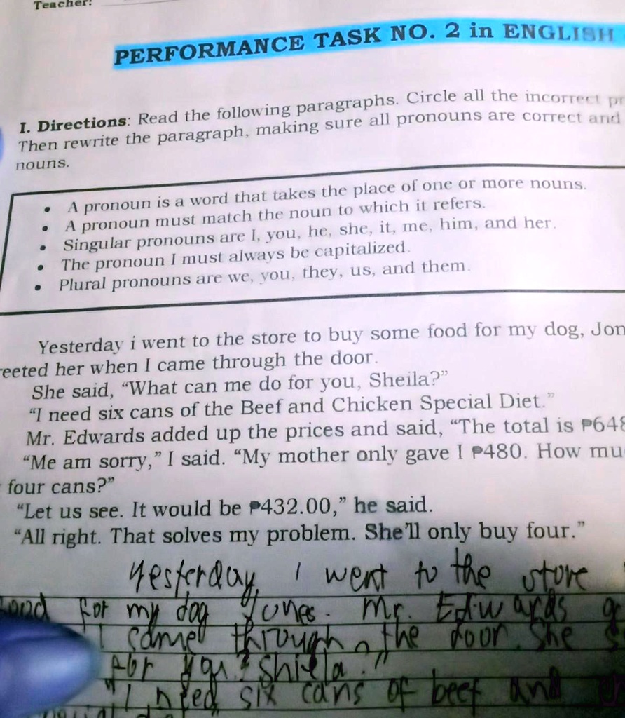 SOLVED: What are the incorrect pronouns? Teacher: TASK NO. 2 in ENGLISH ...