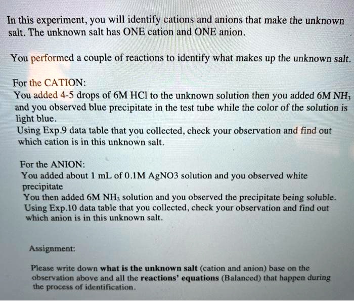 SOLVED: In this experiment, you will identify cations and anions that make up the unknown salt ...