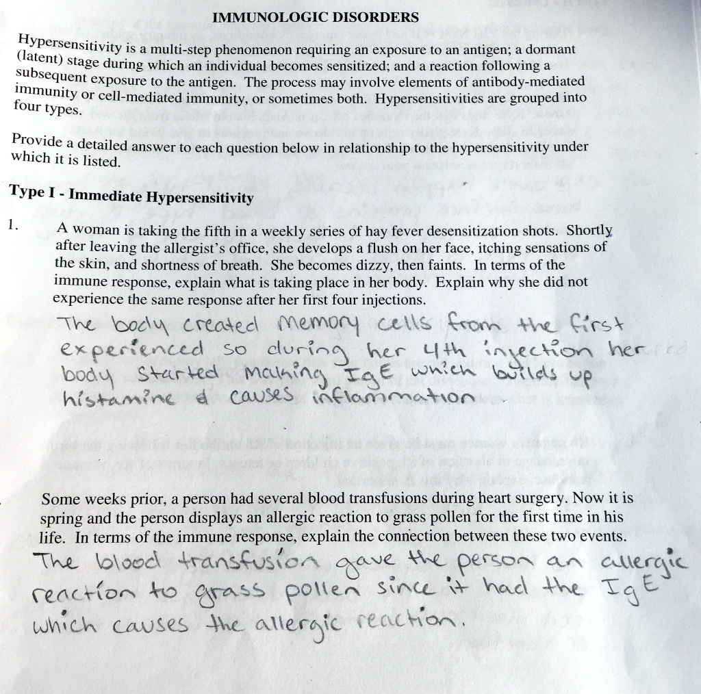 SOLVED: IMMUNOLOGIC DISORDERS Hypersensitivity is a multi-step ...