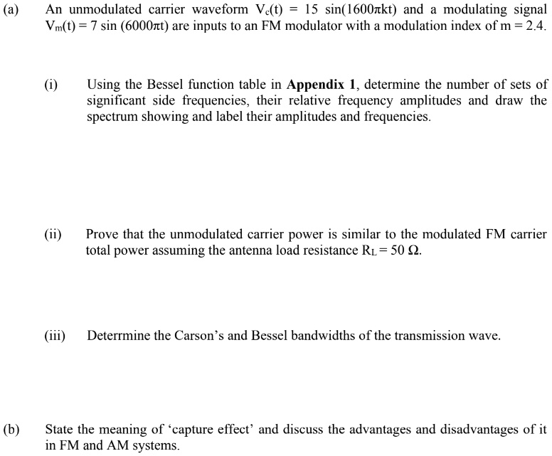 Solved A An Unmodulated Carrier Waveform Vc T 15 Sin 1600kt And A Modulating Signa Vm T