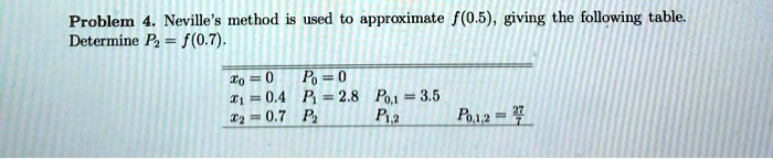 SOLVED: Problem Neville's method is used to approximate f (0.5) giving the following table ...
