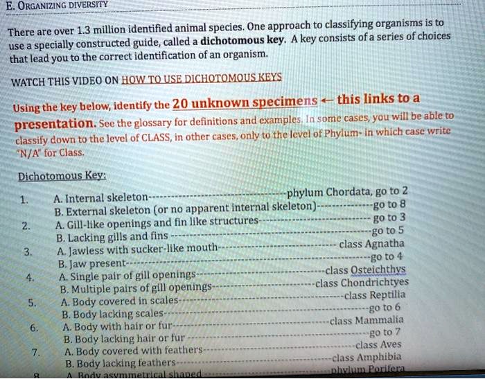 SOLVED: E. ORGANIZING DIVERSITY There are over 1.3 million identified ...