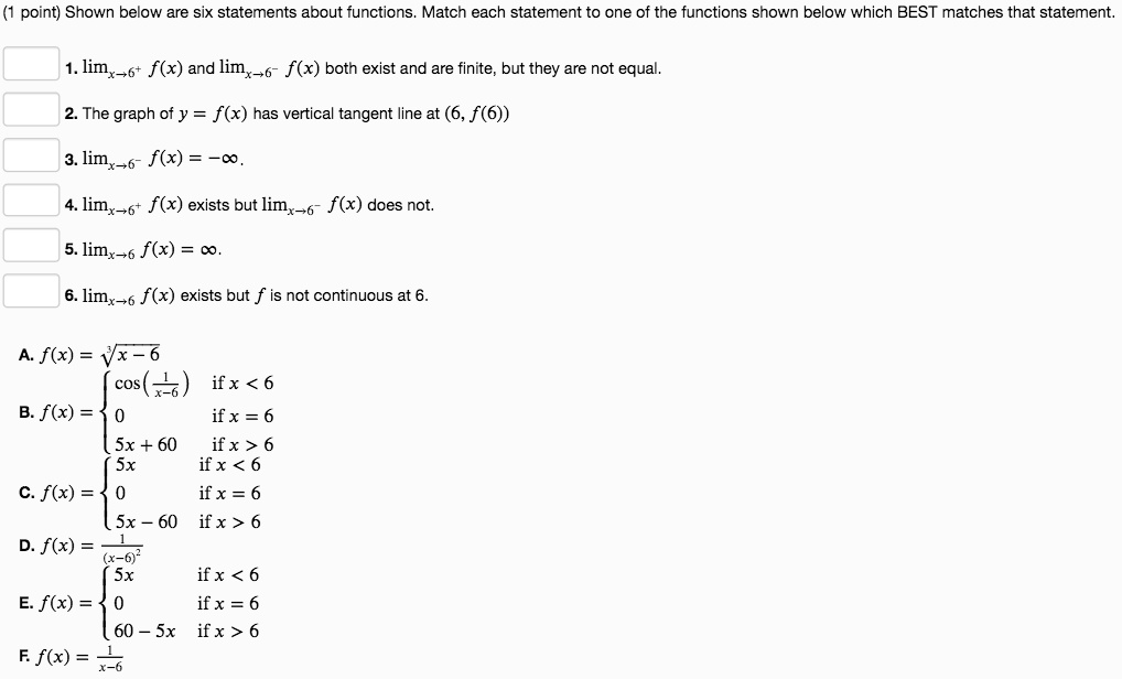 point shown below are six statements about functions match each statement to one of the ...