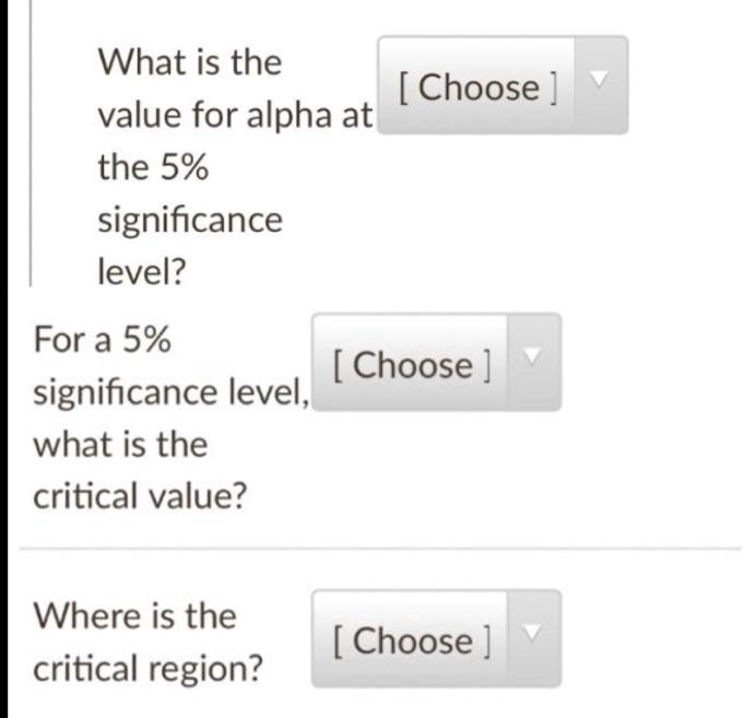 What is the [Choose ] value for alpha at the 5% significance level? For ...