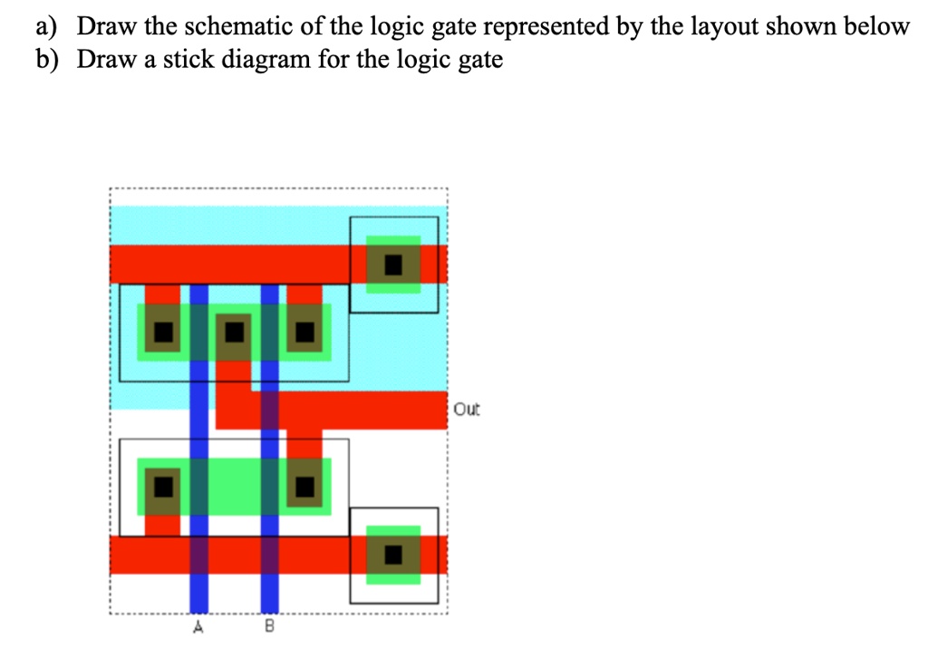 SOLVED: a) Draw the schematic of the logic gate represented by the layout shown below b) Draw a ...