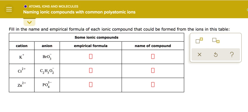 atoms ions and molecules naming ionic compounds with common polyatomic ions fill in the name and ...