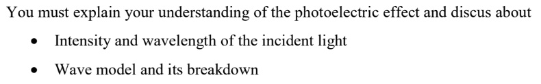 SOLVED: You must explain your understanding of the photoelectric effect ...
