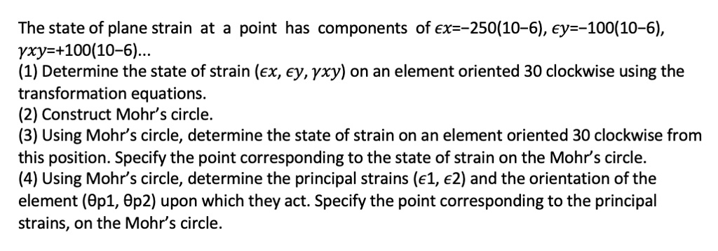 SOLVED: The state of plane strain at a point has components of ex = -250(10^-6), ey = -100(10^-6 ...