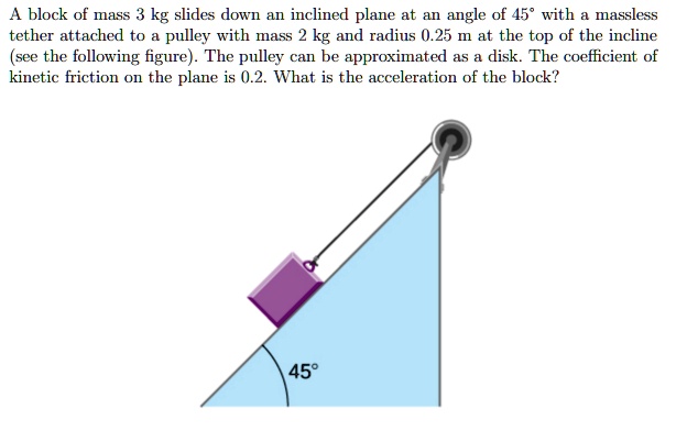 SOLVED: A block of mass 3 kg slides down an inclined plane at an angle of 45" with massless ...