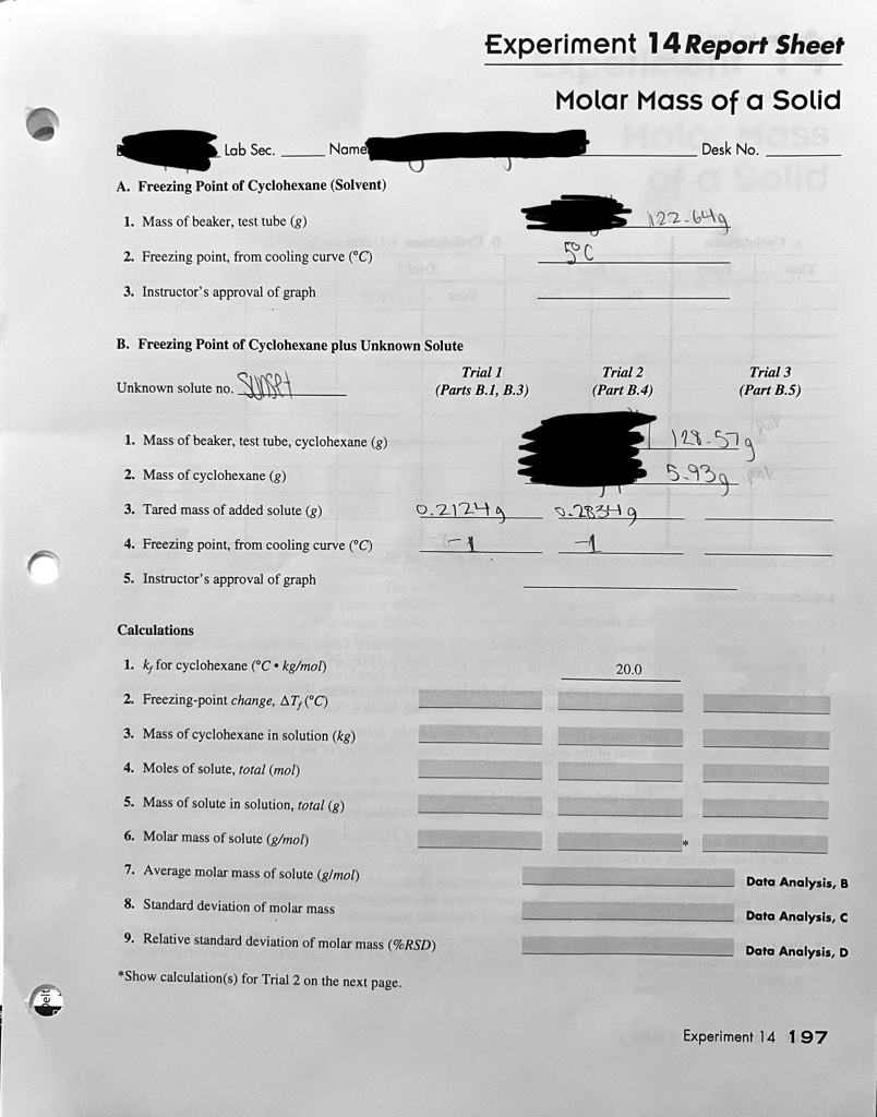 SOLVED: Texts: Calculations 1-9 for data provided Experiment 14 Report ... SOLVED: Texts: Calculations 1-9 for data provided Experiment 14 Report ...