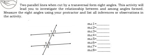 Two parallel lines when cut by a transversal form eight angles. This ...