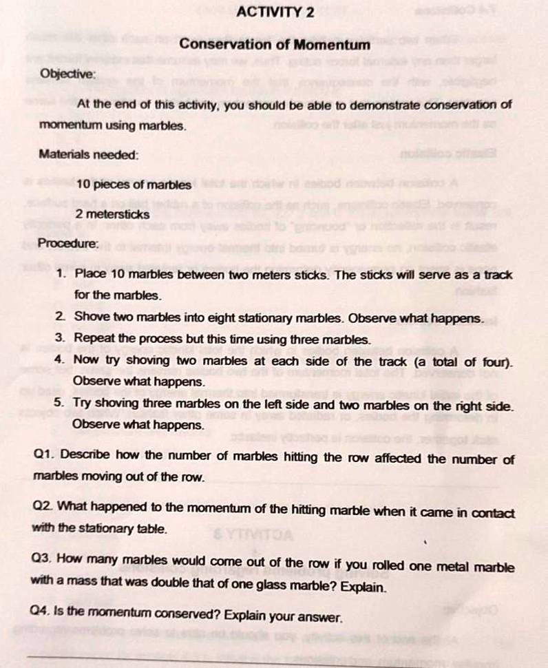 ACTIVITY 2 Conservation of Momentum Objective: At the end of this ...