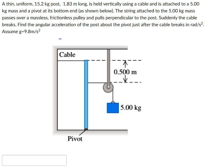 a thin uniform 152kg post 183 m long is held vertically using cable and is attached to a 500 kg ...