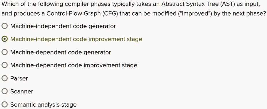 Solved Which Of The Following Compiler Phases Typically Takes An Abstract Syntax Tree Ast As 