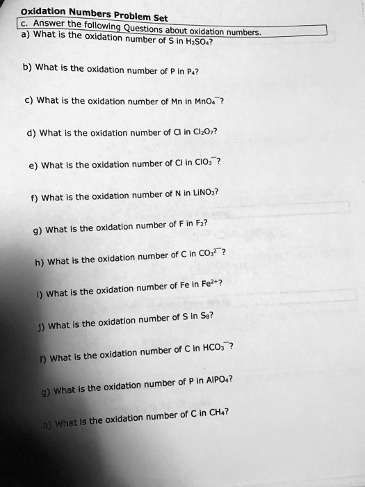 Oxidation Numbers Problem Set c. Answer the following Questions about ...