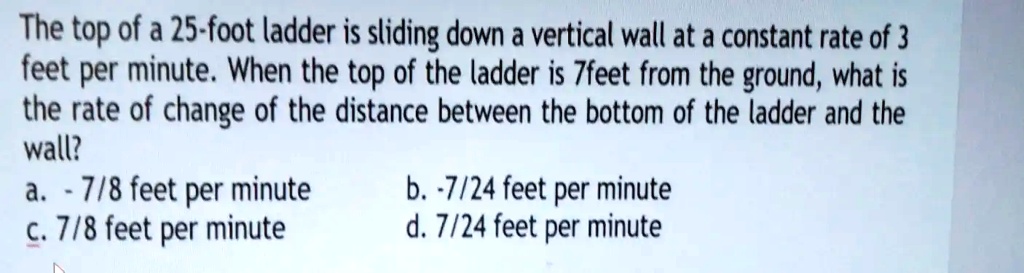the top of a 25 foot ladder is sliding down a vertical wall at a ...