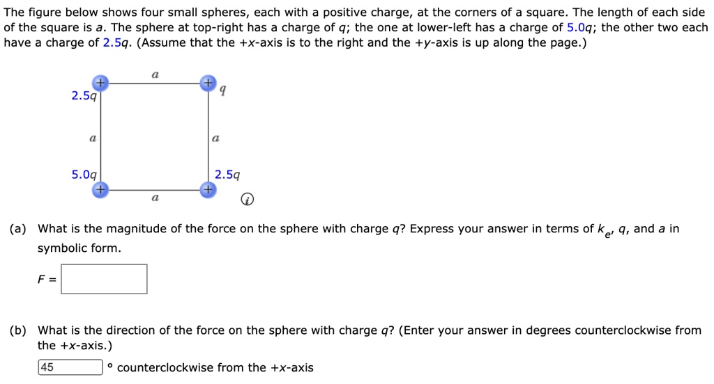 SOLVED: The figure below shows four small spheres, each with a positive ...