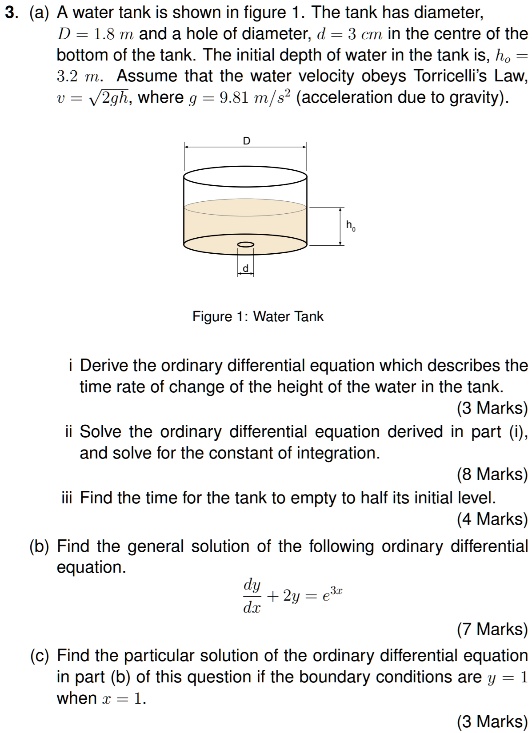 3. (a) A water tank is shown in figure 1. The tank has...
