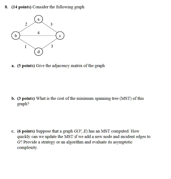 SOLVED: 8. (14 points) Consider the following graph a. 5 points) Give ...
