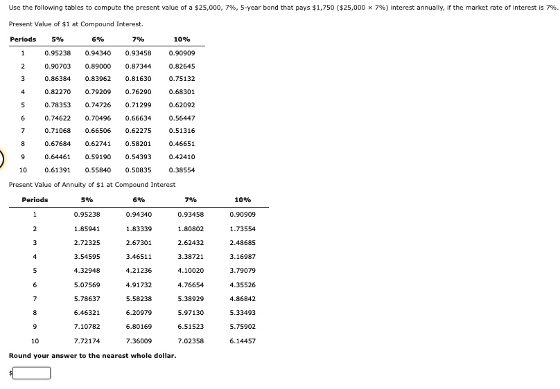 SOLVED: Use the following tables to compute the present value of a 25,000, 7%, 5-year bond that ...