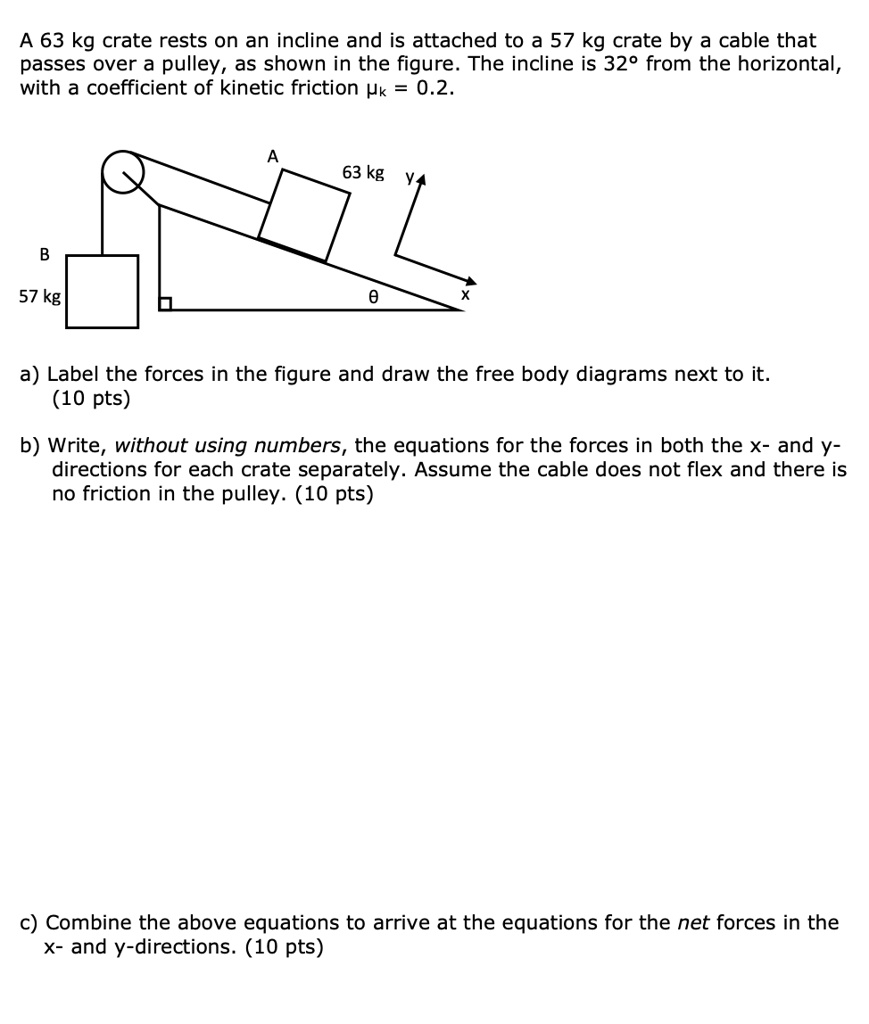SOLVED: A 63 kg crate rests on an incline and is attached to a 57 kg ...