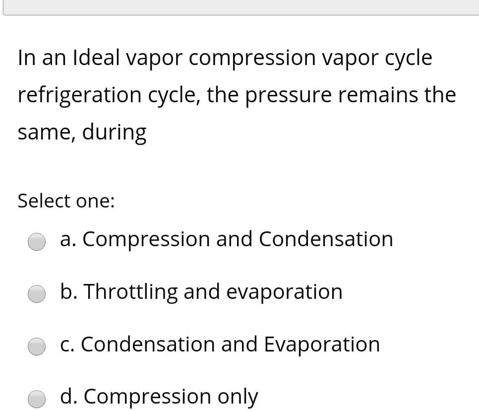 SOLVED: In an ideal vapor compression refrigeration cycle, the pressure ...