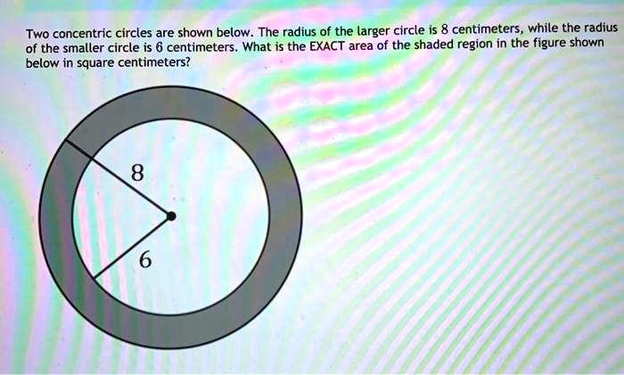 Two concentric circles are shown below The radius of the larger circle is 8 centimeters, while ...