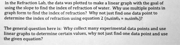 SOLVED: In the Refraction Lab, the data was plotted to make a linear ...