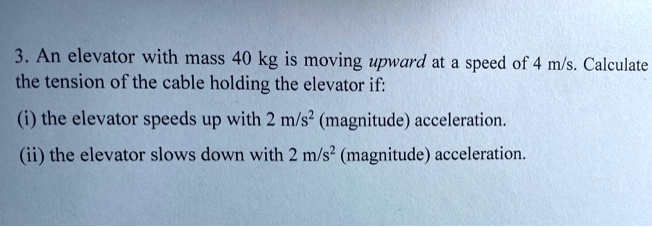 SOLVED: An elevator with mass 40 kg is moving upward at speed of m/s. Calculate the tension of ...