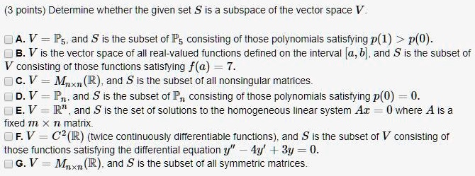 points determine whether the given set s is a subspace of the vector space v av ps and s is the ...