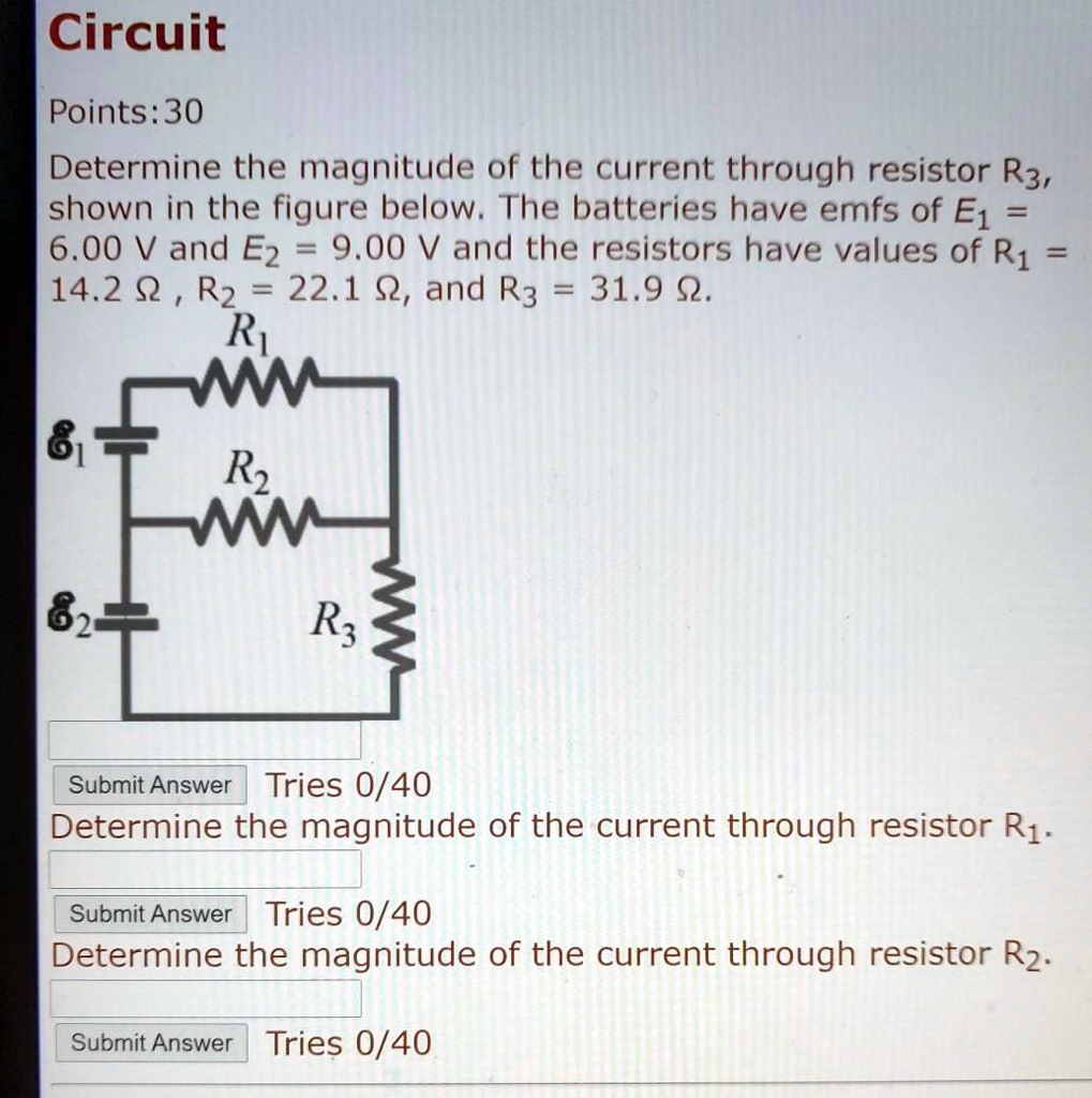 SOLVED: Circuit Points: 30 Determine the magnitude of the current through resistor R3, shown in ...