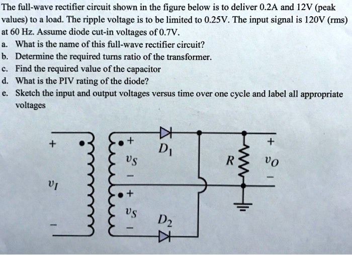 SOLVED: The full-wave rectifier circuit shown in the figure below is designed to deliver 0.2A ...