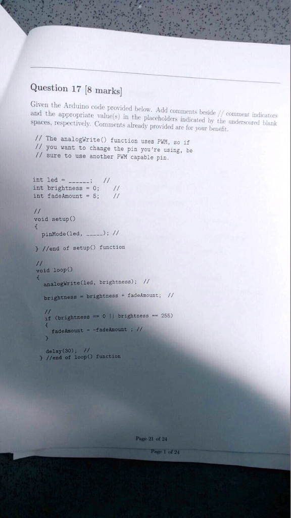 Solved Text Question 17 [8 Marks] Given The Arduino Code Provided Below Add Comments Beside