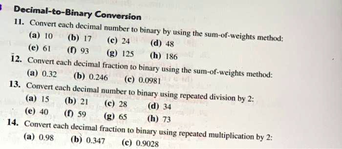 Solved Decimal To Binary Conversion I Convert Each Decimal Number To A 10 Binary B 16 