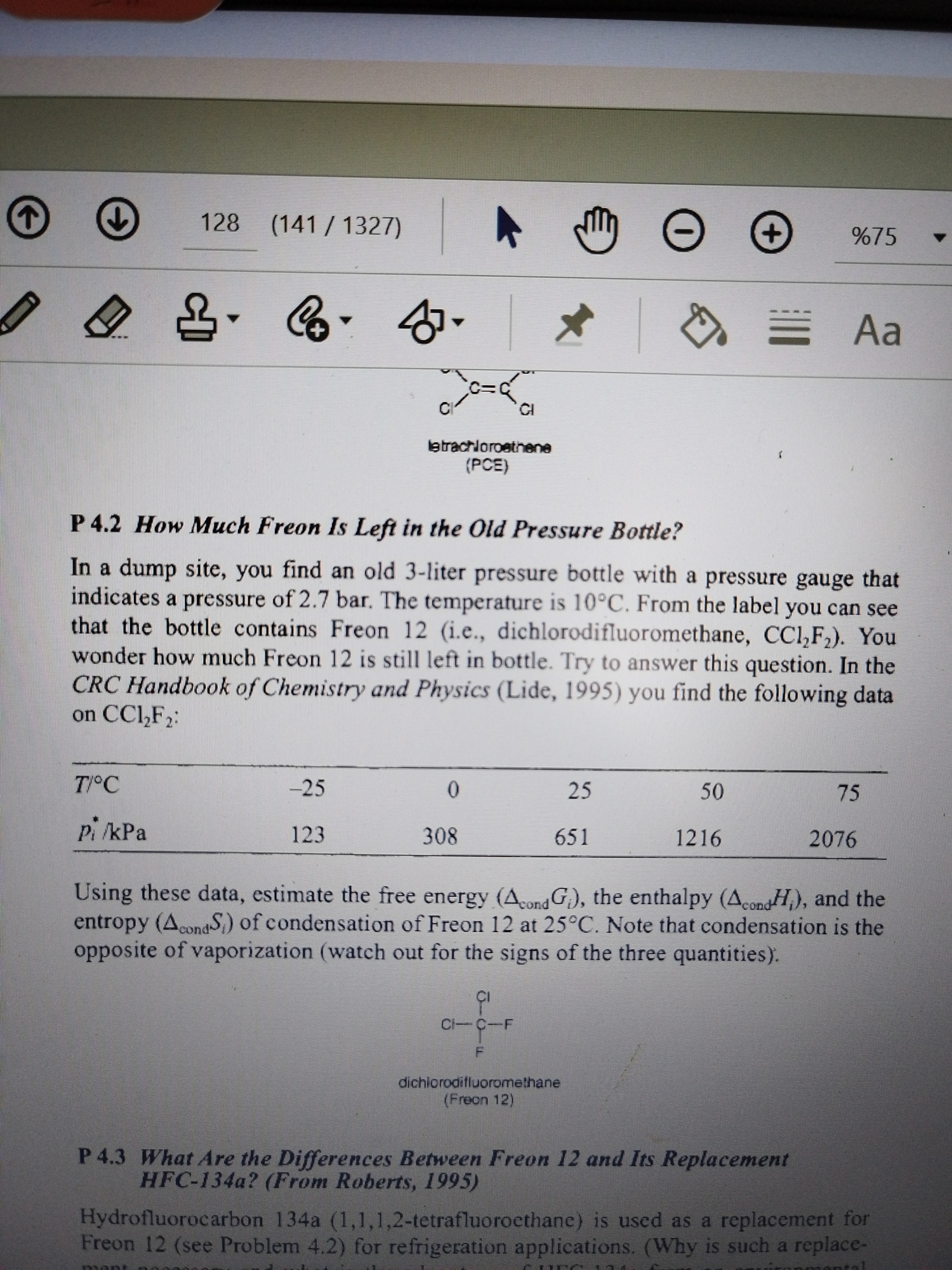 SOLVED: 128(141 / 1327) Aa bracklorothene (PCE) P 4.2 How Much Freon Is ...
