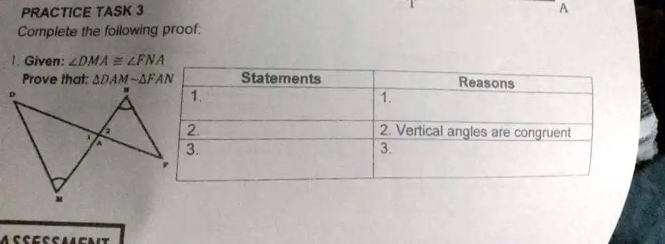 PRACTICE TASK 3 Complete the following proof. 1. Given: ∠DMA ≅∠FNA Prove that: DAM ≅FAN ...