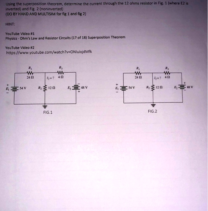 Using the superposition theorem, determine the current through the 12 ohms resistor in Fig. 1 ...