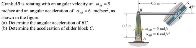 SOLVED: Crank AB is rotating with an angular velocity of 5 rad/sec and an angular acceleration ...