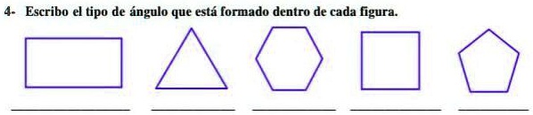 SOLVED: 4- escribo el tipo de ángulos que esta formado dentro de cada ... SOLVED: 4- escribo el tipo de ángulos que esta formado dentro de cada ...
