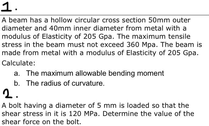 [GET ANSWER] 1. A beam has a hollow circular cross section 50mm outer ...
