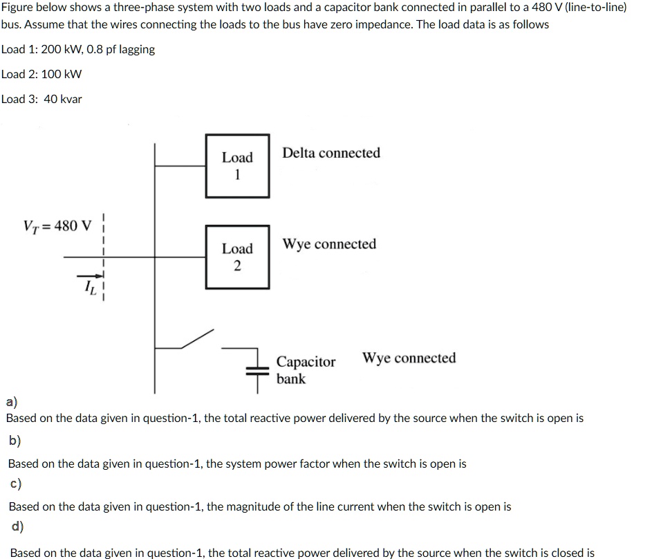 Figure below shows a three-phase system with two loads and a capacitor ...