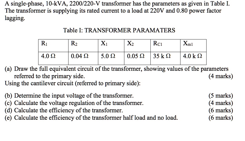 SOLVED: A single-phase, 10-kVA, 2200/220-V transformer has the parameters as given in Table I ...