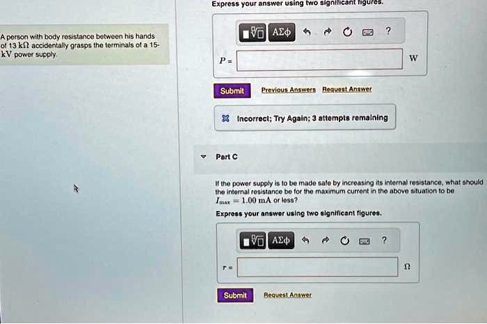 SOLVED: Texts: Express your answer using two significant figures. A person with body resistance ...