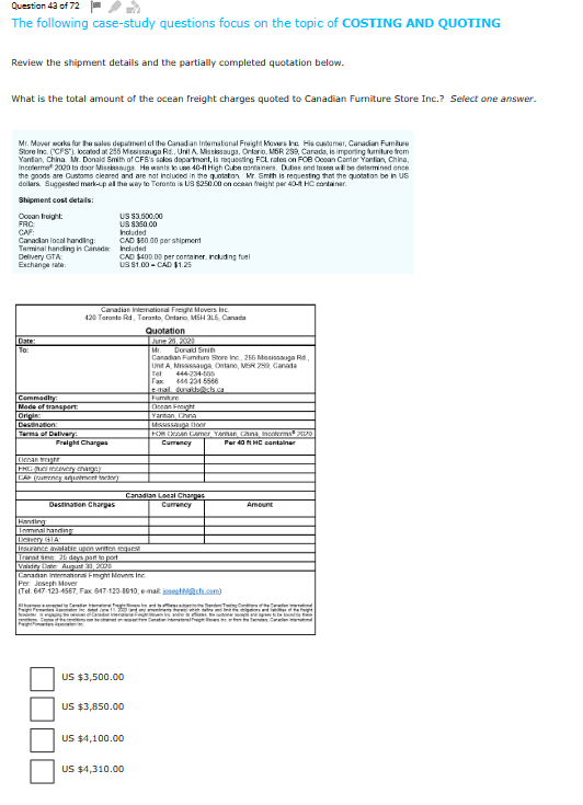 Question 43 of 72 The following case-study questions focus on the topic ...