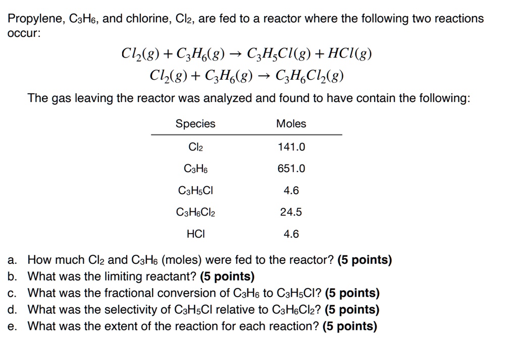 Propylene, C3H6, and chlorine, Cl2, are fed to a reactor where the following two reactions occur ...