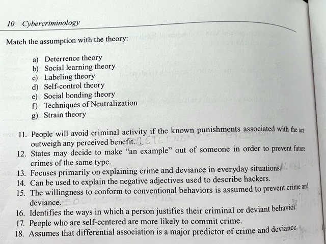 10 Cybercriminology Match the assumption with the theory: a) Deterrence theory b) Social ...