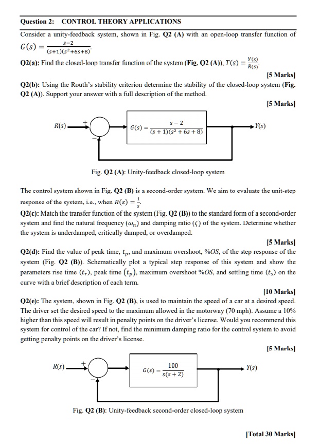 Question 2: CONTROL THEORY APPLICATIONS Consider a unity-feedback system, shown in Fig. Q2 (A ...